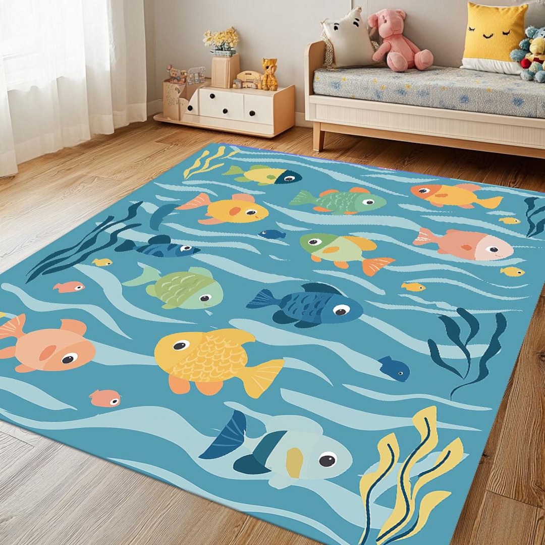 Colorful Fish Ocean Theme Kids Room Rug, Underwater Area Rug, Playroom ...