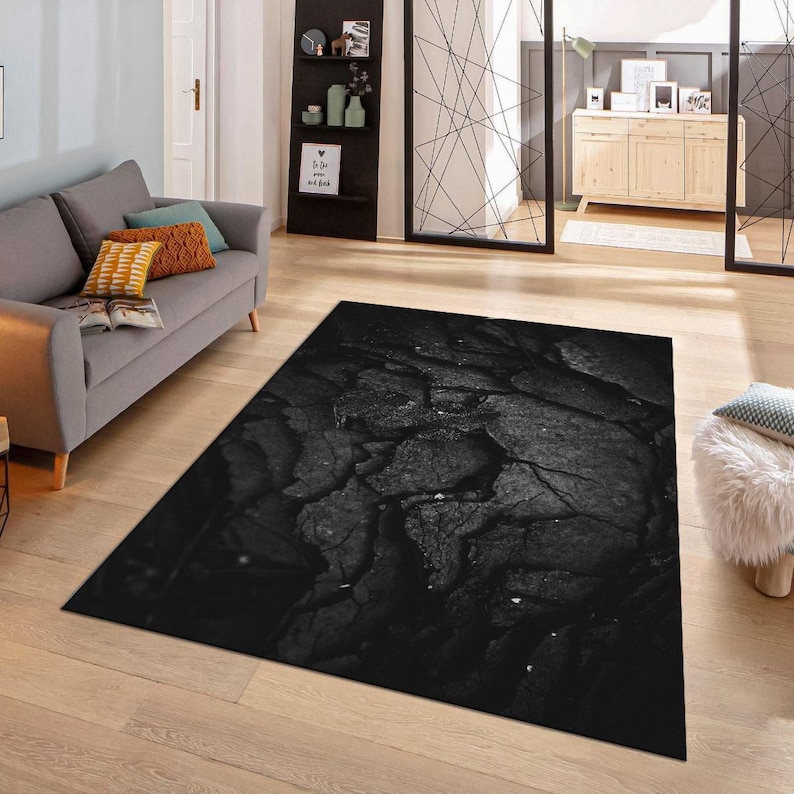 Black Cracked Texture Digital Print Rug, Modern Home Decor Carpet ...