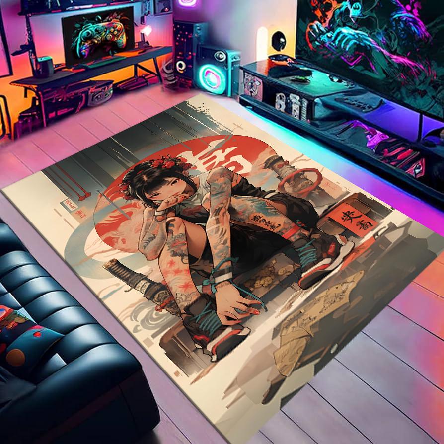Anime Rug , Samurai Anime Girl Digital Printed Rug, Japanese Art Style ...
