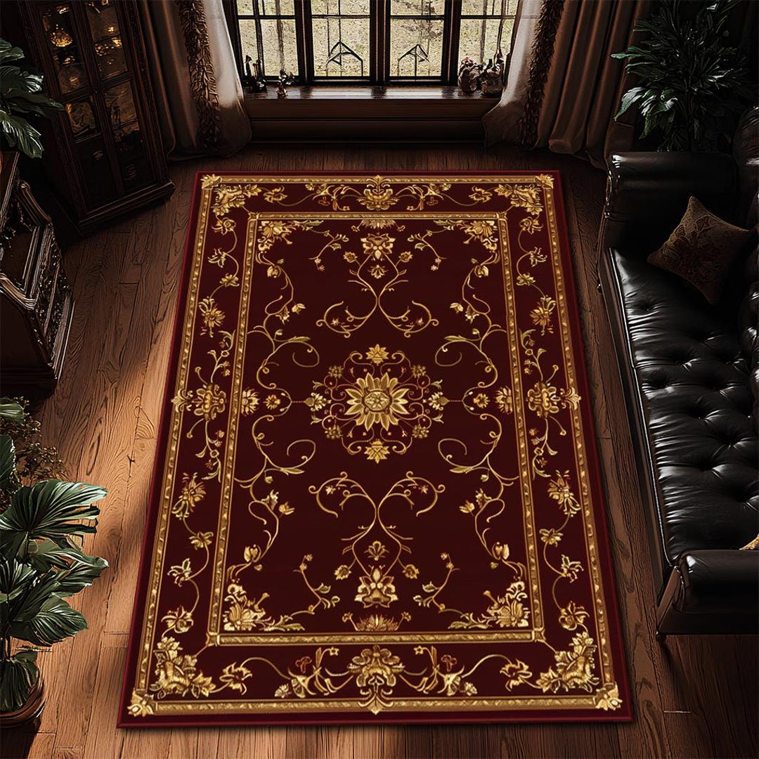 Classic Burgundy Gold Floral Area Rug, Elegant Vintage Style Carpet - Etsy