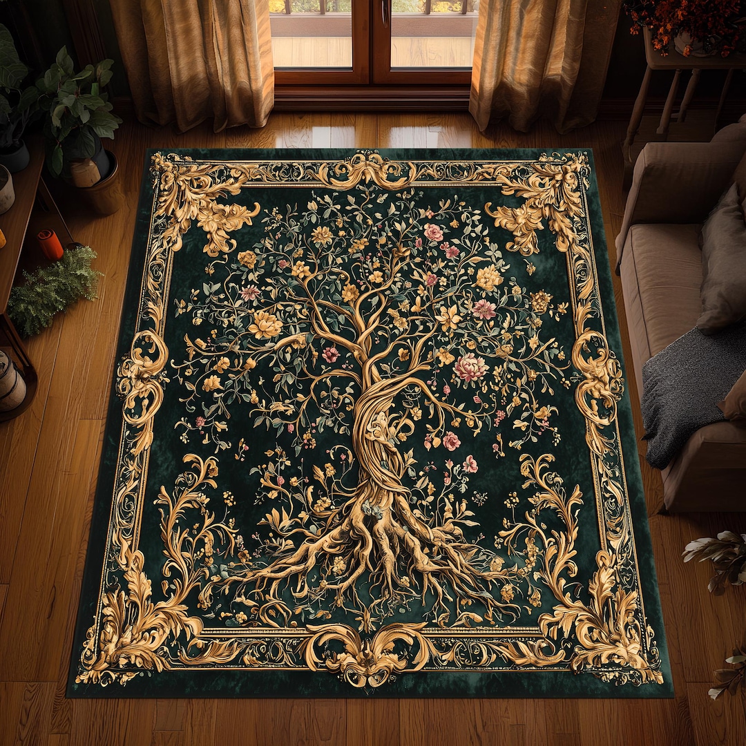 Tree of Life Area Rug, Mystical Botanical Carpet, Living Room Rug ...