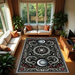 Celestial Dragon Rug, Gothic Moon Area Rug, Black Mythical Living Room ...