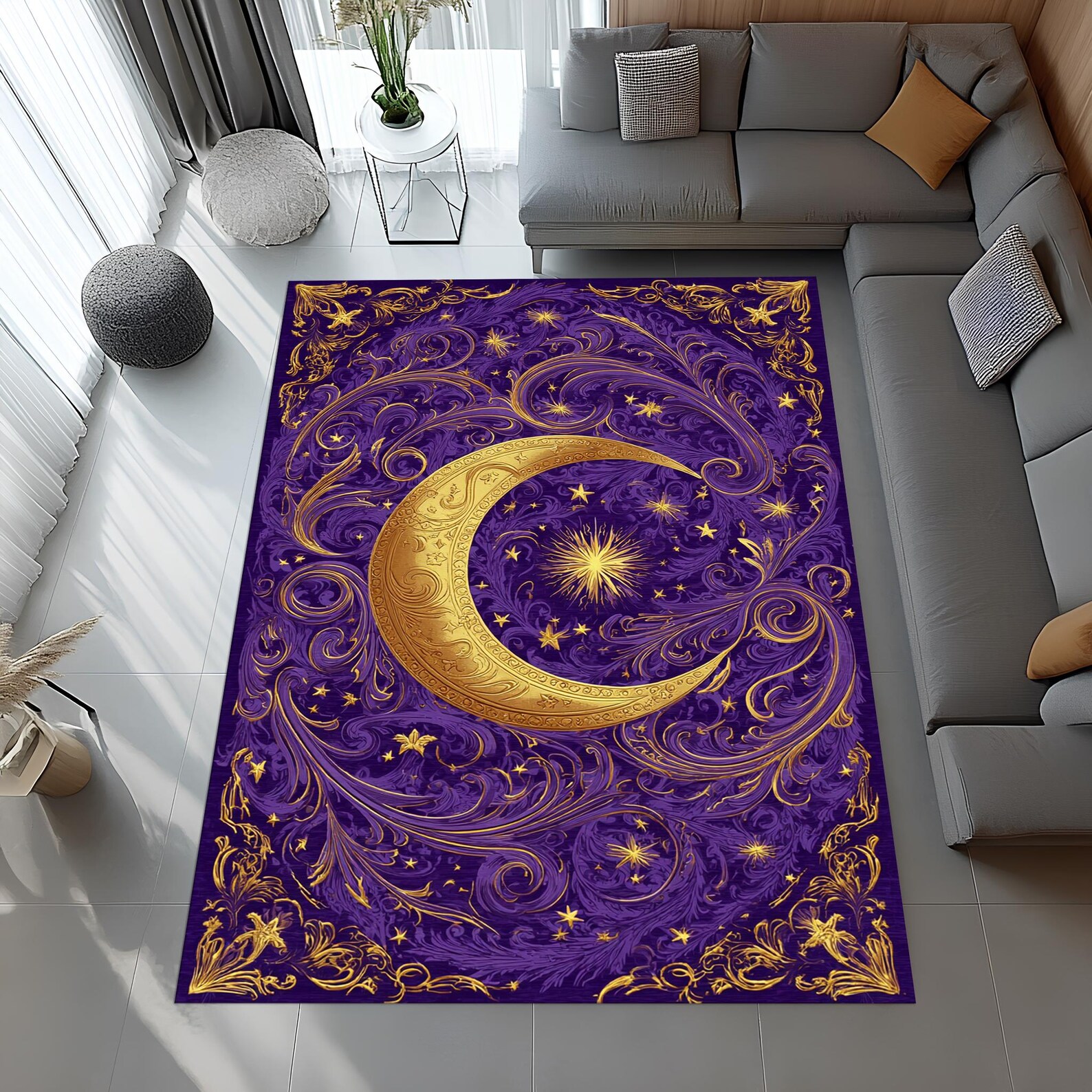 Golden Crescent Moon Rug, Elegant Celestial Carpet, Bold Purple Galaxy ...