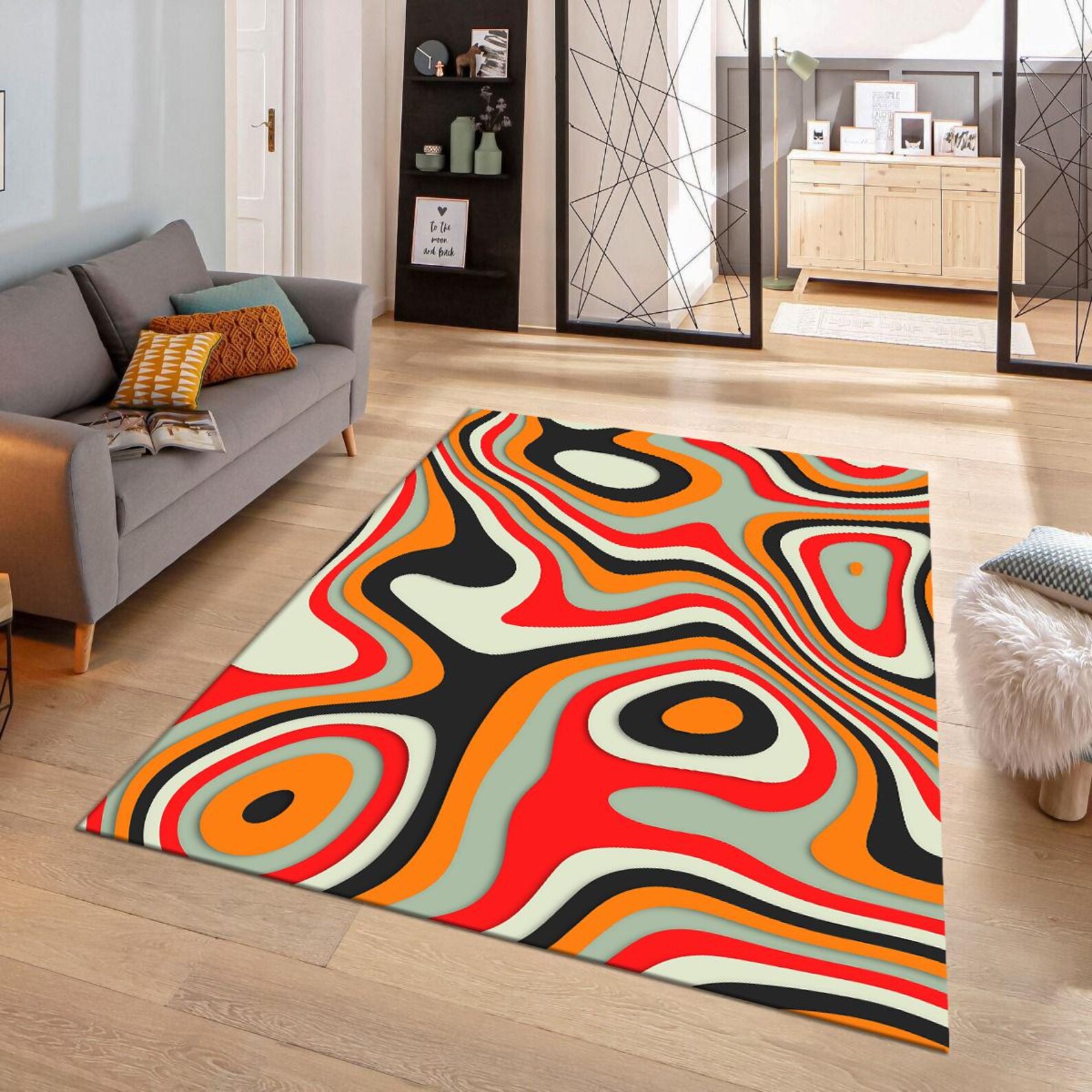 Retro Swirl Rug, Living Room Rug, Area Rug, Washable Rug, Non Slip Rug ...