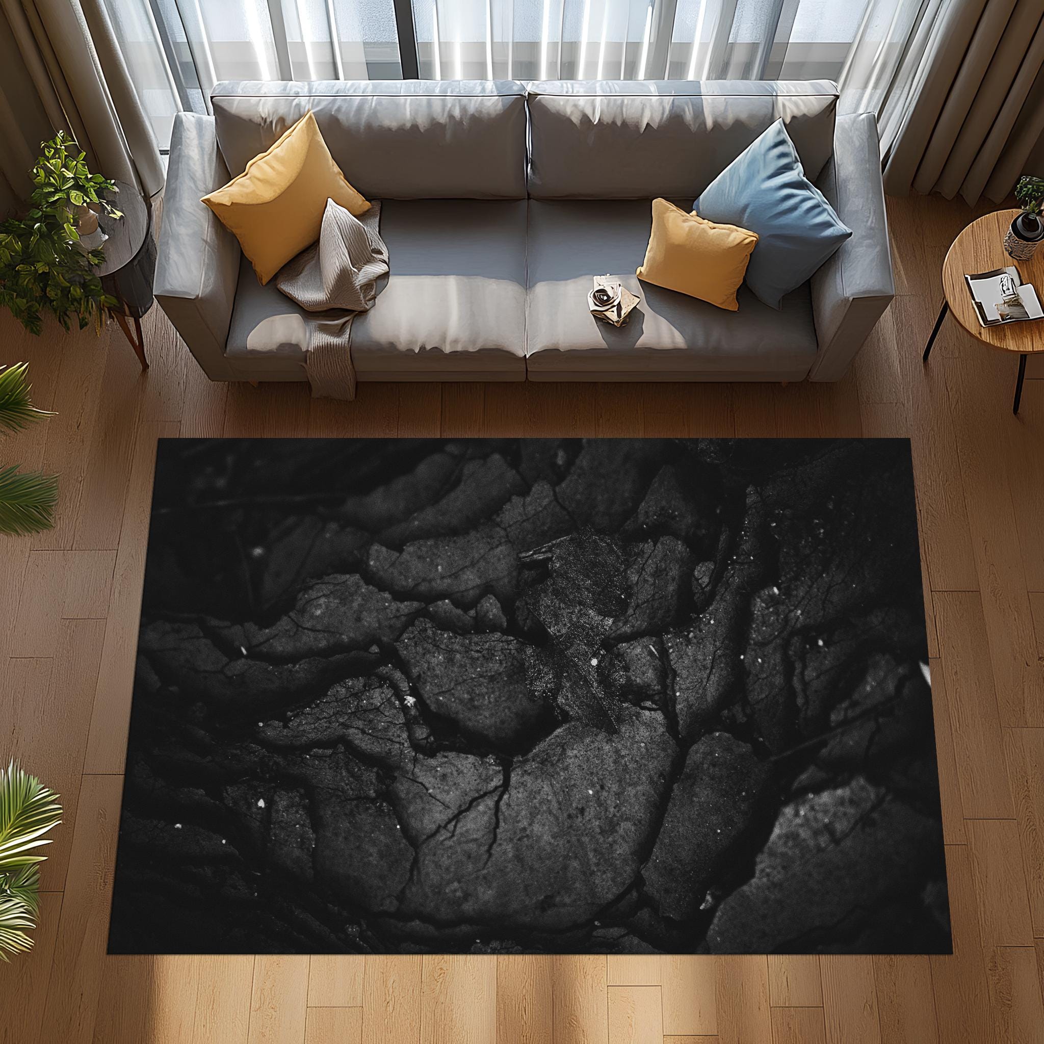 Black Cracked Texture Digital Print Rug, Modern Home Decor Carpet ...