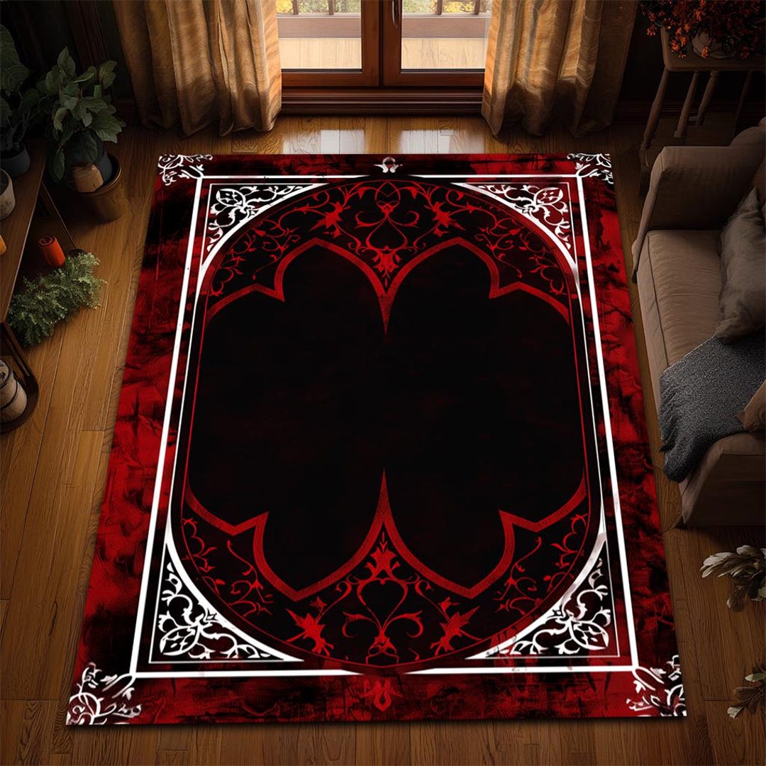 Red Black Gothic Arch Rug, Dark Ornamental Area Rug, Alternative ...