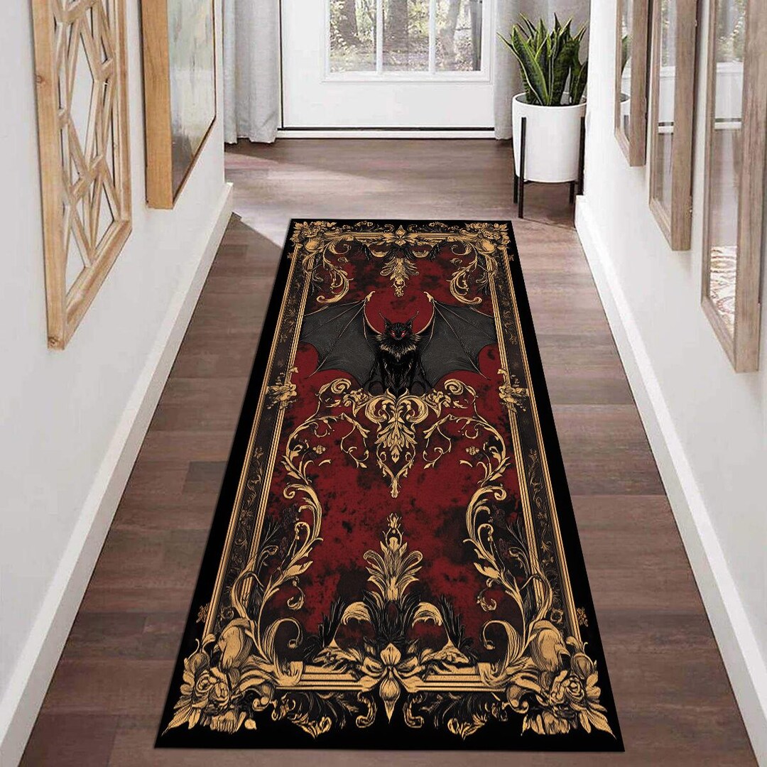 Gothic Runner Rug, Vampire Bat Carpet, Red Black Art Rug, Dark ...