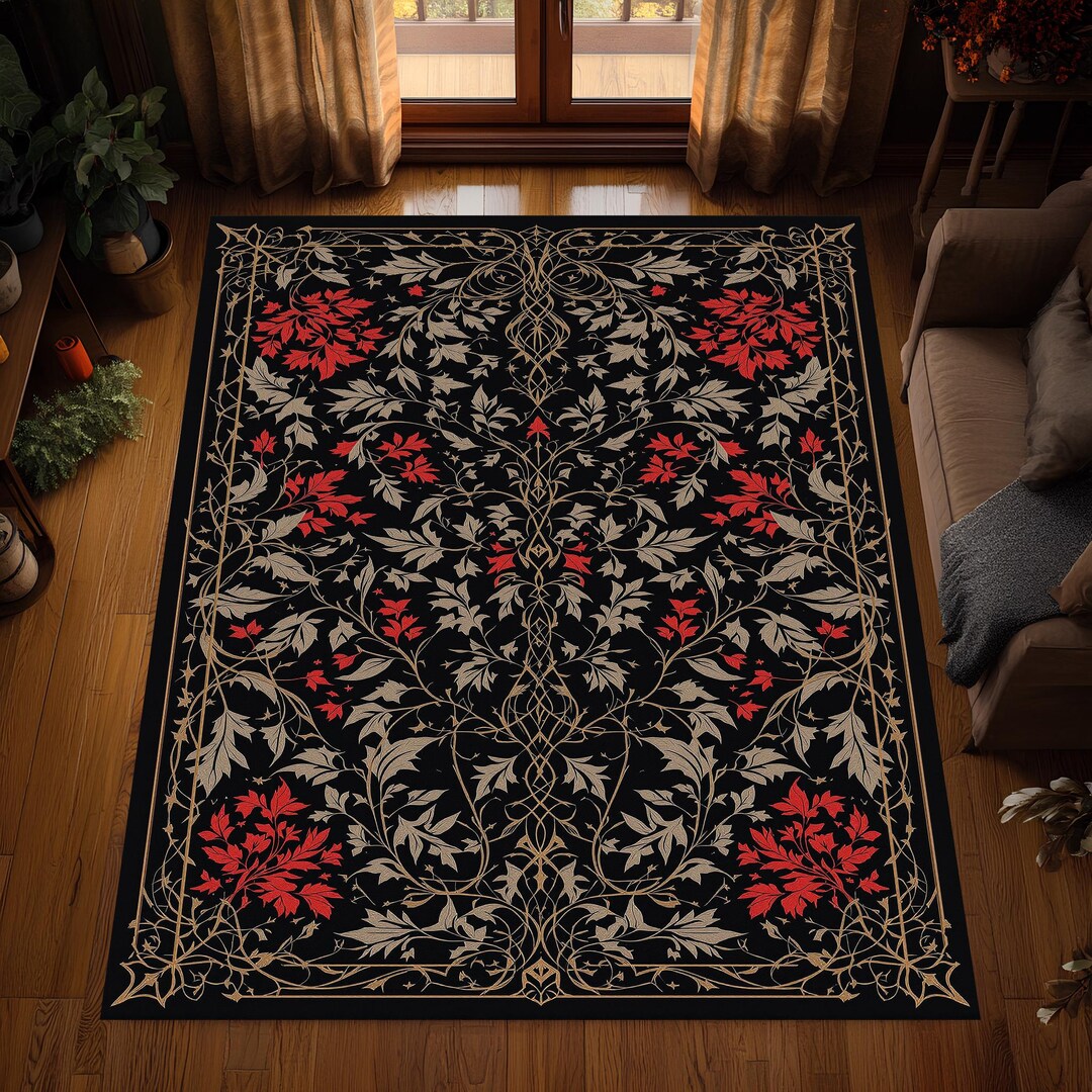 Gothic Floral Area Rug With Elegant Vine and Leaf Pattern in Black, Red ...