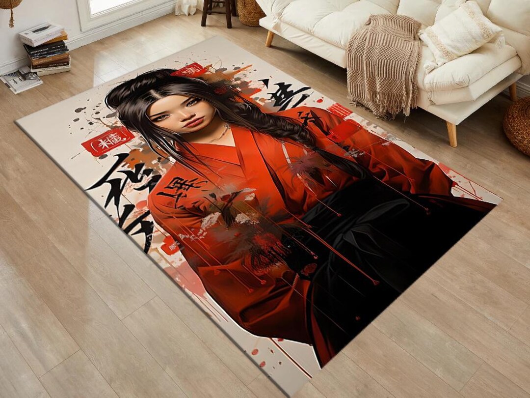 Modern Japanese Art Rug, Red Kimono Warrior, Living Room Rug, Area Rug ...