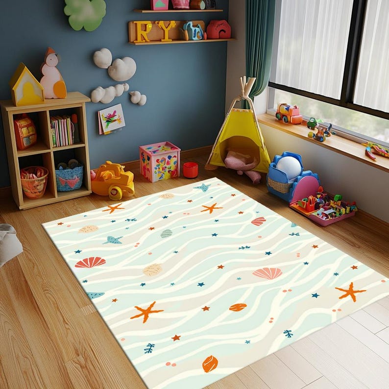 Kids Ocean Theme Area Rug With Starfish, Shells and Sea Elements in ...