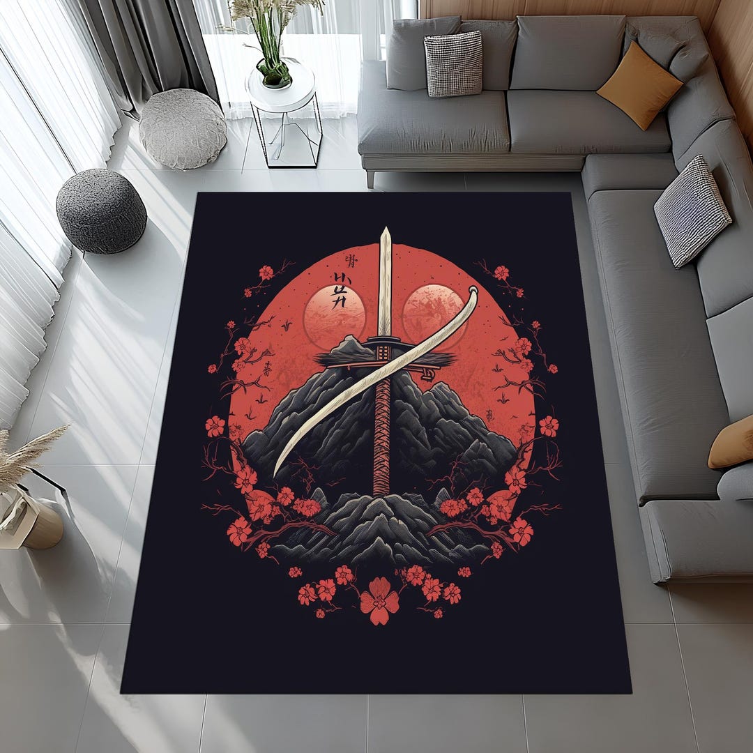 Samurai Sword Rug, Japanese Red Sun Rug, Cherry Blossom Rug, Living ...