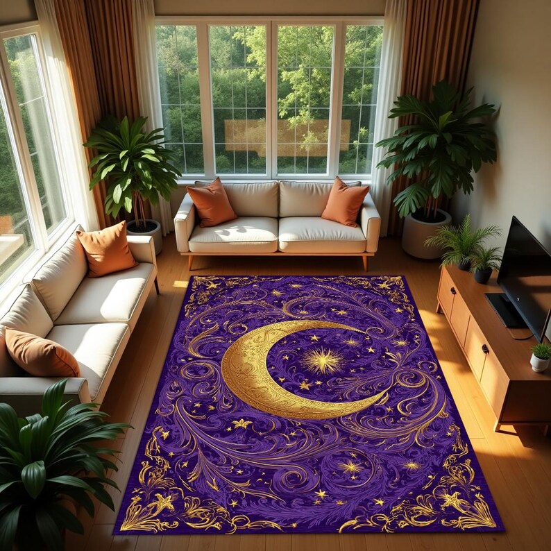 Golden Crescent Moon Rug, Elegant Celestial Carpet, Bold Purple Galaxy ...