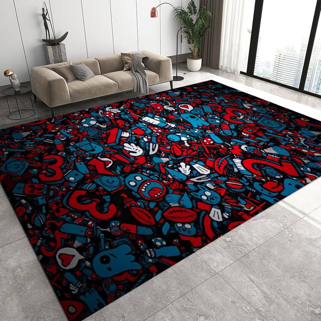 Pop Art Doodle Rug , Colorful Doodle Pattern Rug , Bold Red and Blue ...