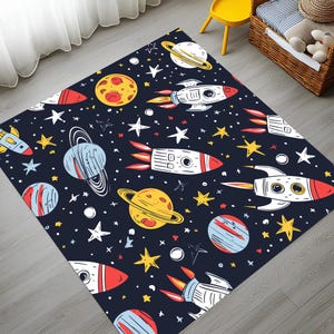 Kids Outer Space Themed Area Rug With Rockets, Planets and Stars in ...