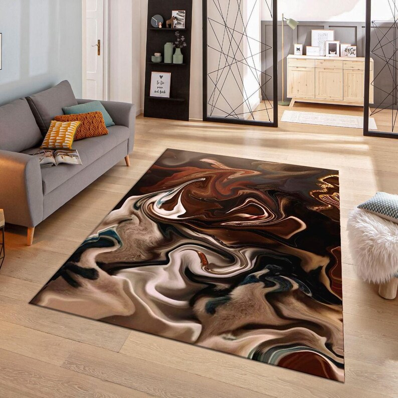 Abstract Marble Area Rug, Earth Tone Living Room Rug, Modern Fluid Art ...
