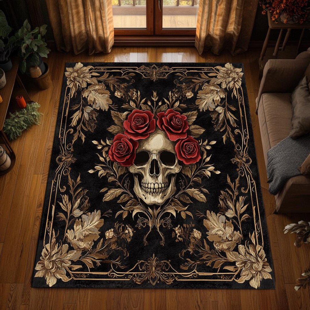 Gothic Skull Area Rug With Red Roses, Dark Floral Carpet for ...