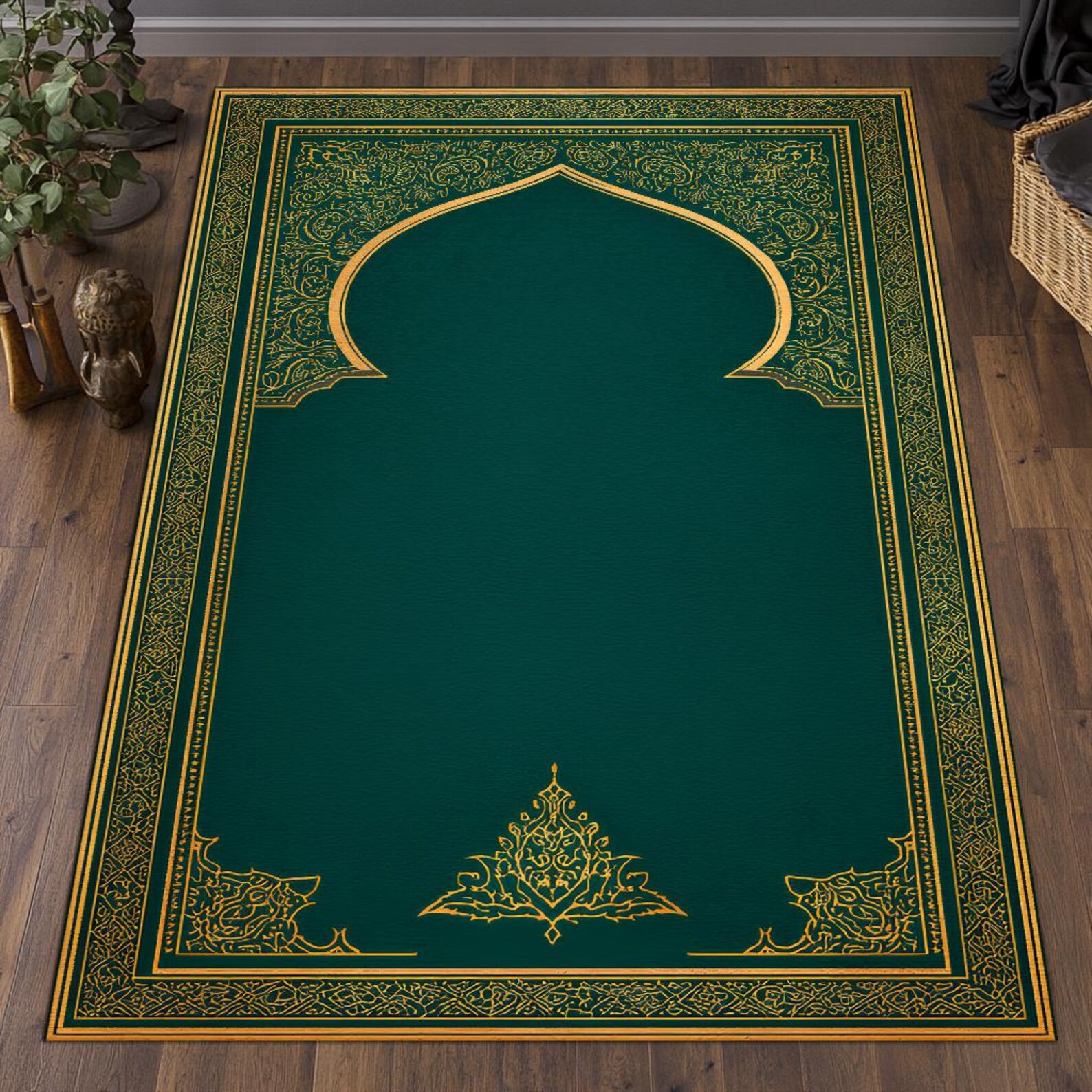 Minimal Green Prayer Rug, Islamic Seccade With Gold Border, Modern ...