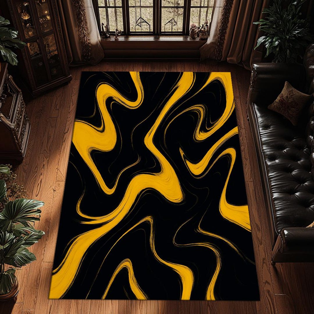 Yellow and Black Abstract Rug, Modern Fluid Art Area Rug, Bold Living ...