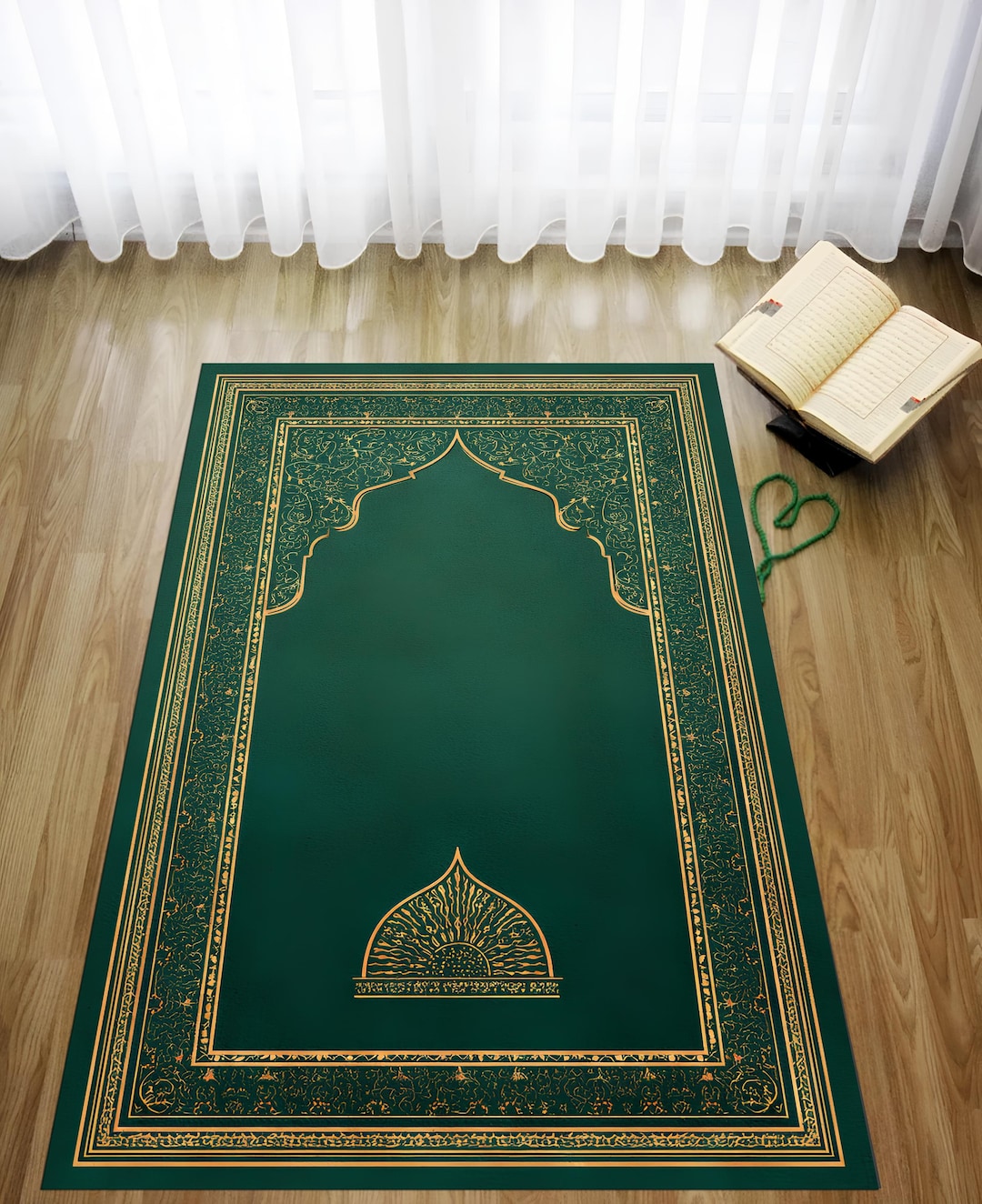 Minimal Green Prayer Rug, Islamic Seccade With Gold Border, Modern ...