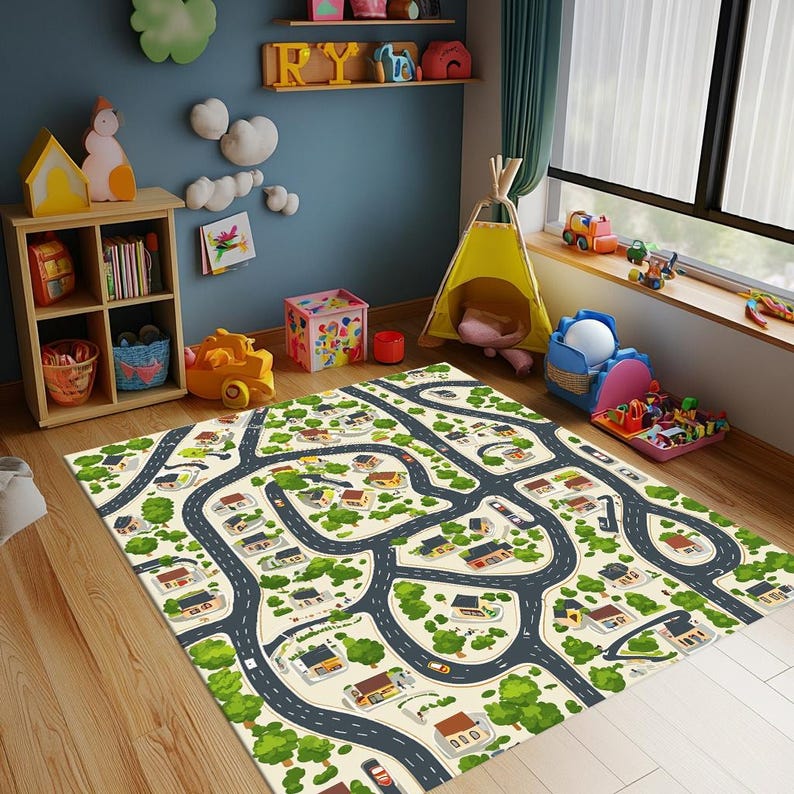 City Road Map Rug, Traffic Street Play Mat, Kids Room Rug, Interactive ...
