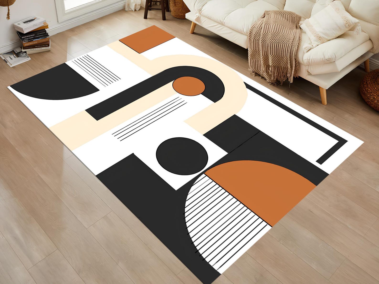 Modern Abstract Area Rug, Black White Terracotta Carpet, Geometric Art ...