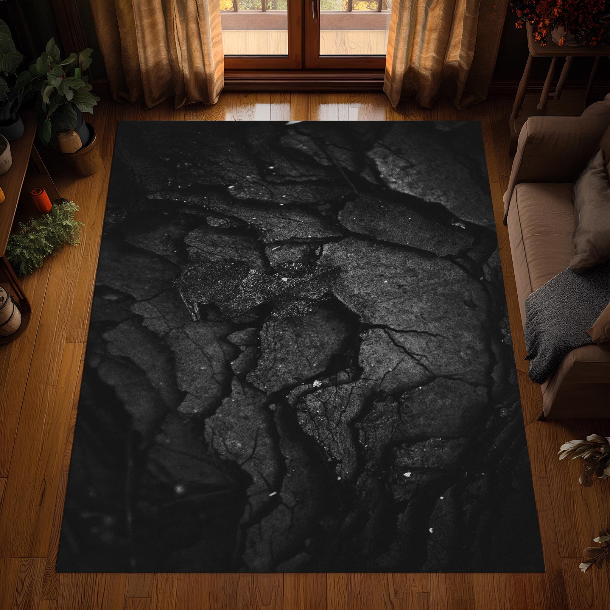 Black Cracked Texture Digital Print Rug, Modern Home Decor Carpet ...