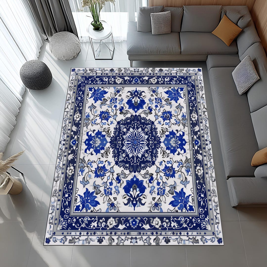 Blue White Turkish Style Rug, Living Room Area Rug, Traditional Floral ...