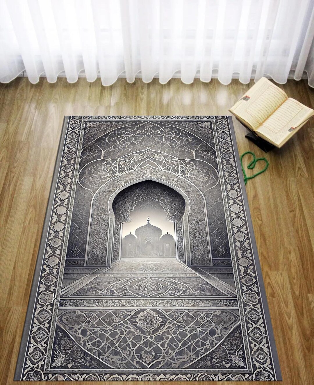 Gray Mosque Prayer Mat , Intricate Islamic Arch Design , Elegant ...