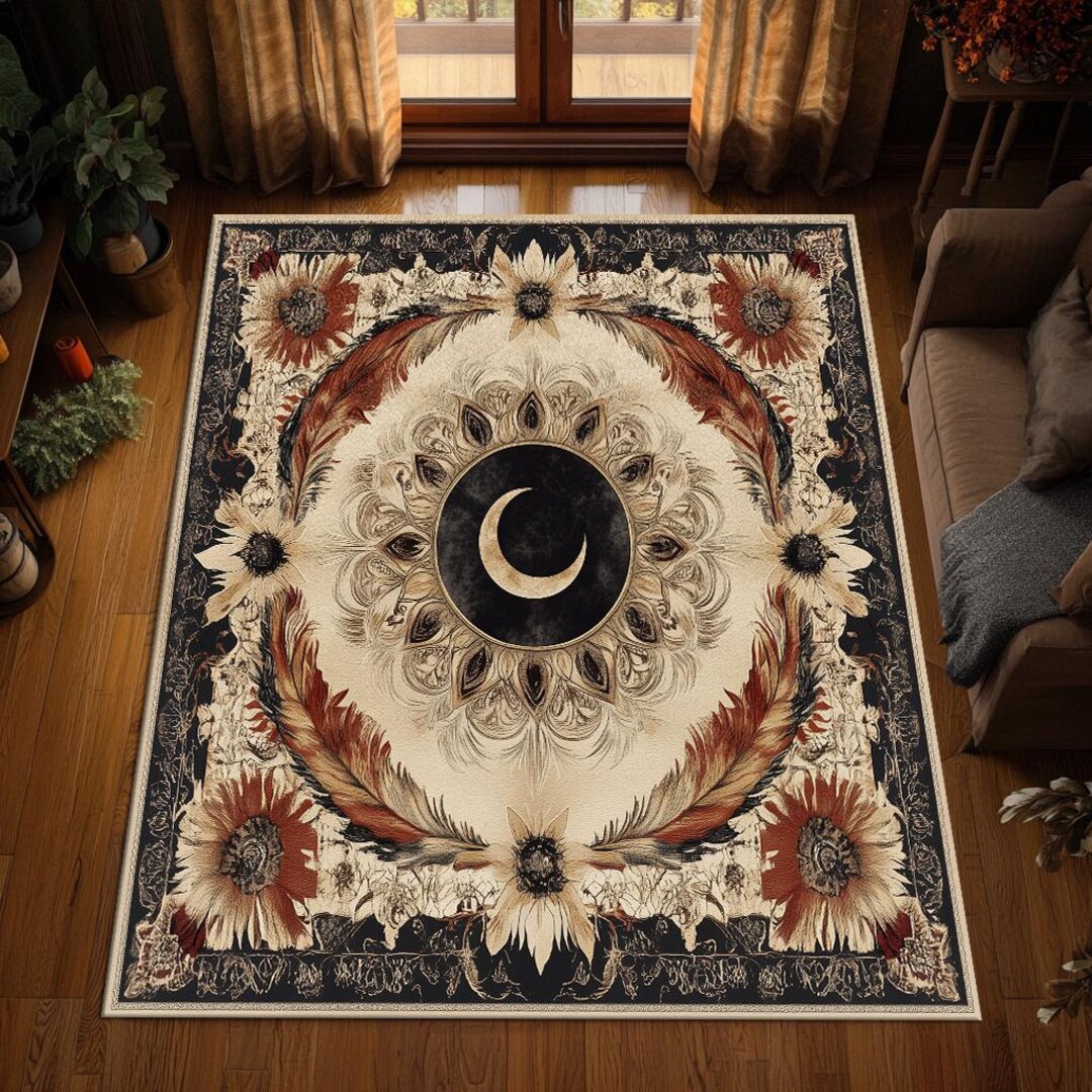 Boho Crescent Moon Area Rug, Sunflower Feather Design - Etsy