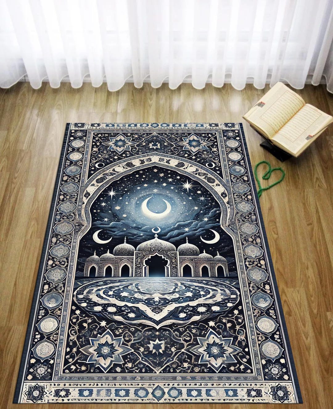 Crescent Moon Prayer Mat, Night Sky Islamic Art Rug, Elegant Worship ...