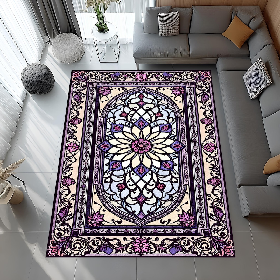 Stained Glass Style Area Rug With Purple and Pink Floral Motif for ...