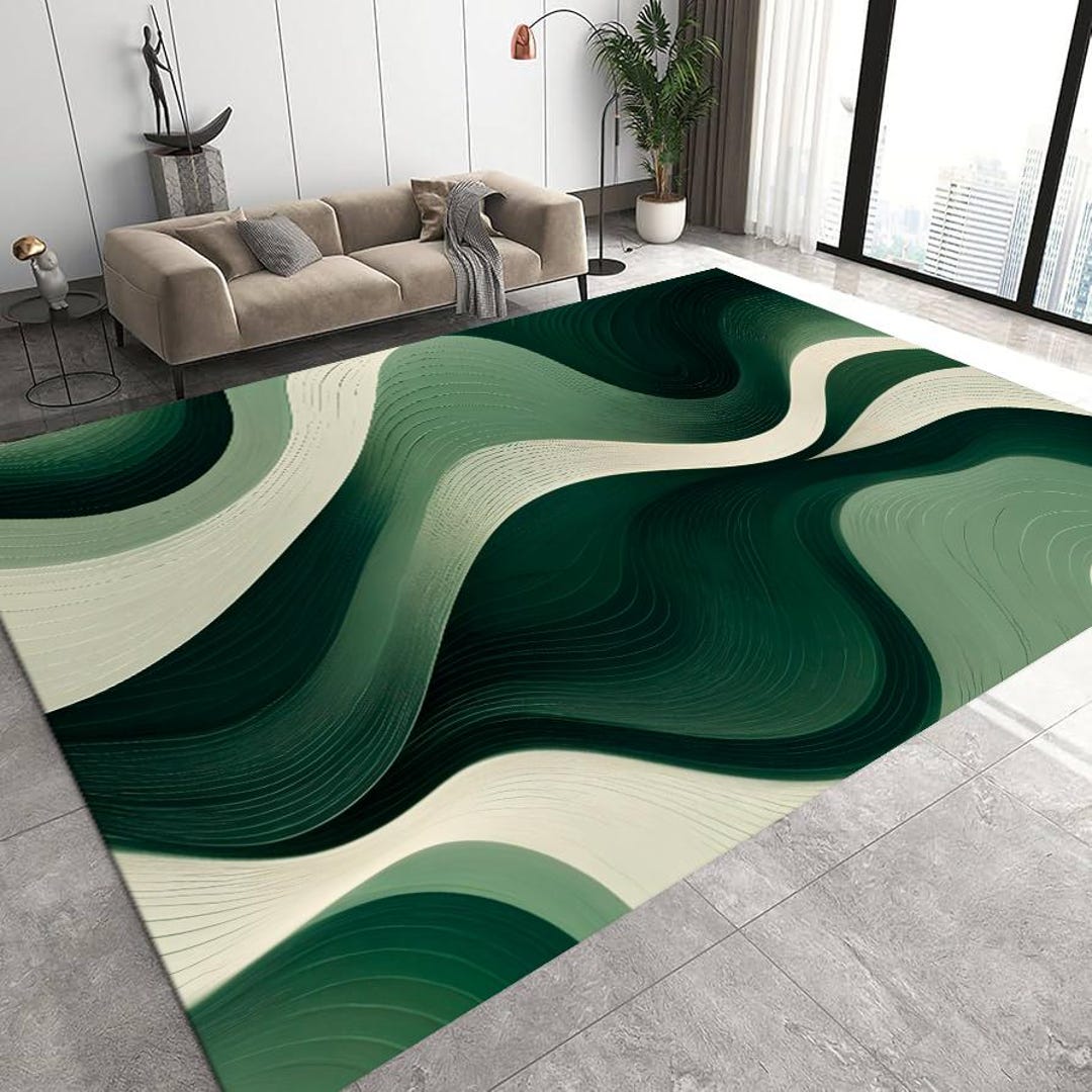 Green Abstract Area Rug, Modern Wave Pattern Living Room Rug, Artistic ...