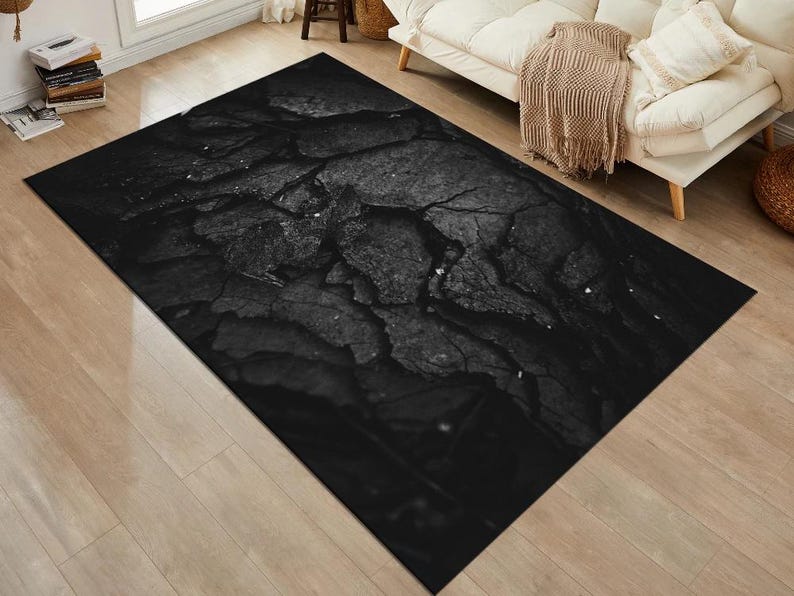 Black Cracked Texture Digital Print Rug, Modern Home Decor Carpet ...