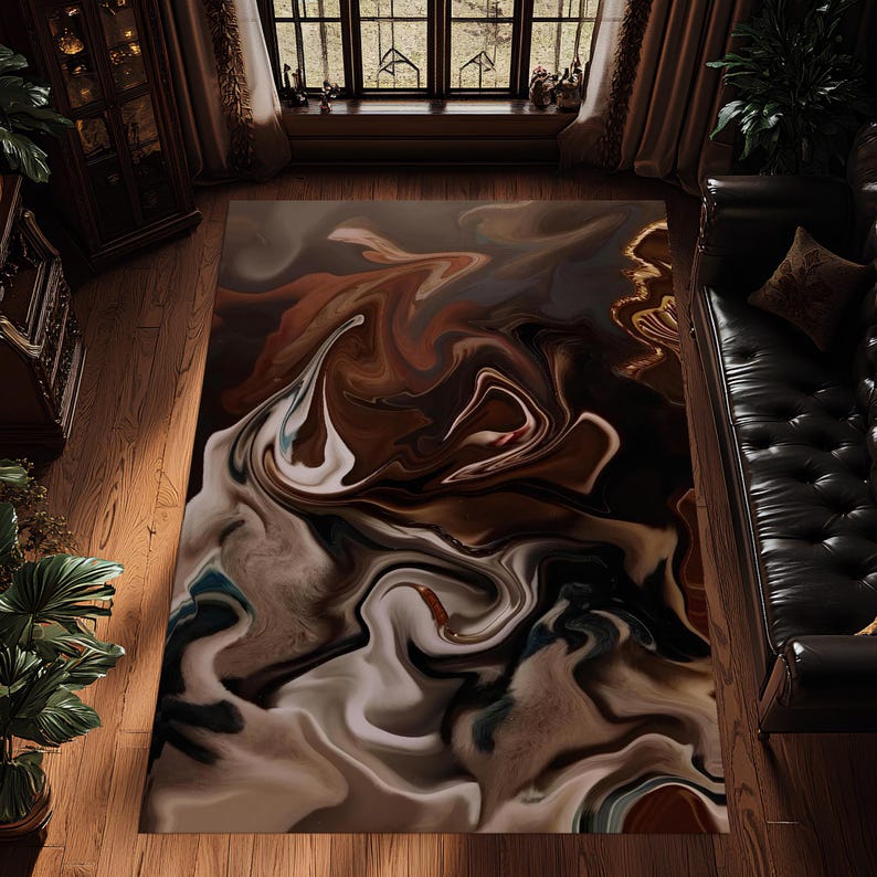 Abstract Marble Area Rug, Earth Tone Living Room Rug, Modern Fluid Art ...
