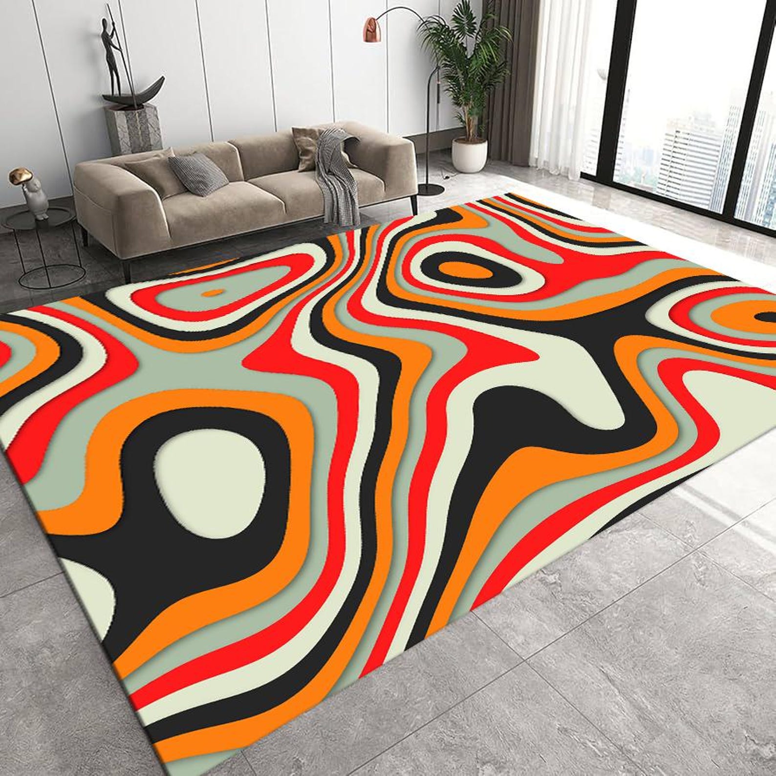 Retro Swirl Rug, Living Room Rug, Area Rug, Washable Rug, Non Slip Rug ...
