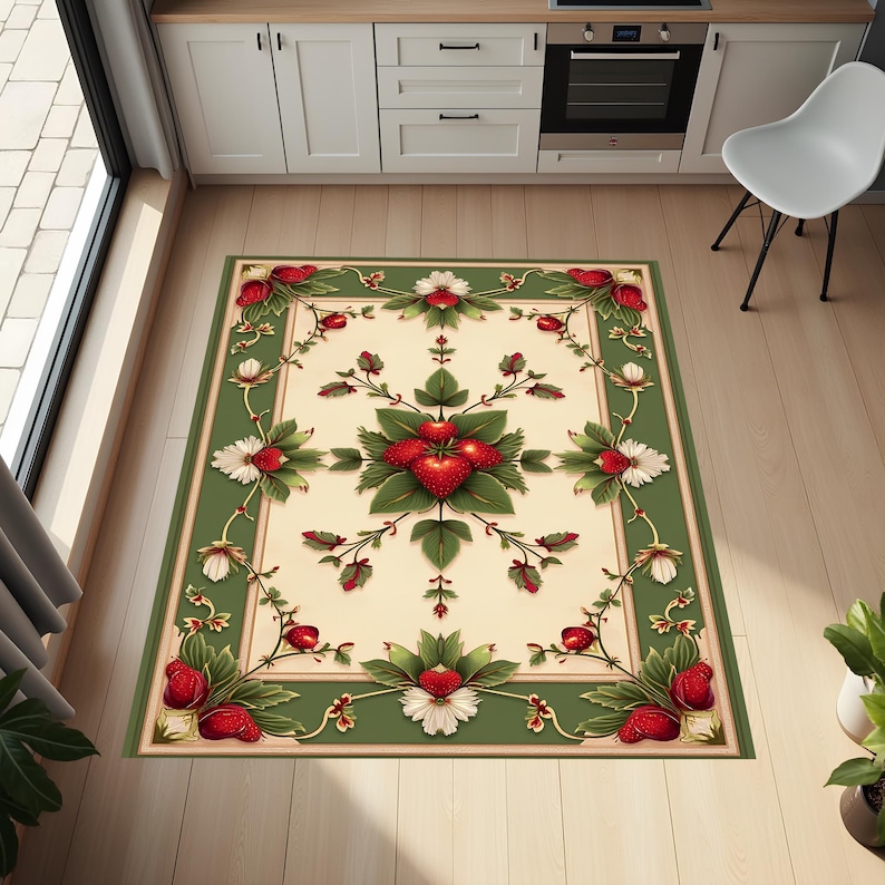 Strawberry Kitchen Rug, Vintage Style Fruit Area Rug, Red Green ...