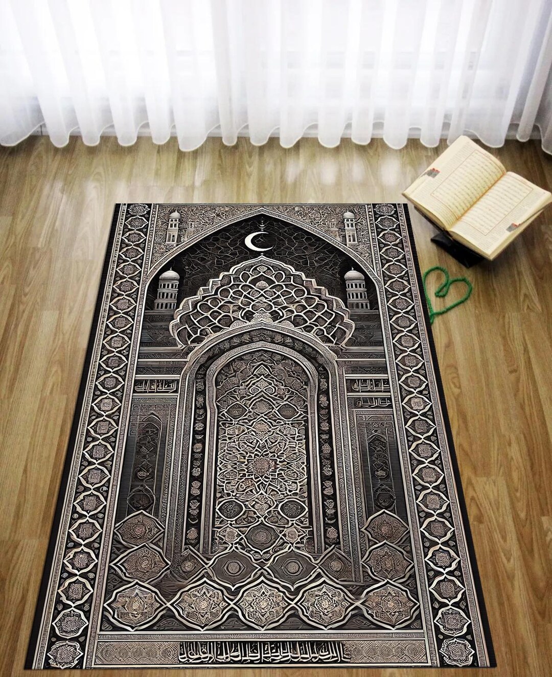 Black and White Prayer Mat , Crescent Moon Design , Traditional Islamic ...