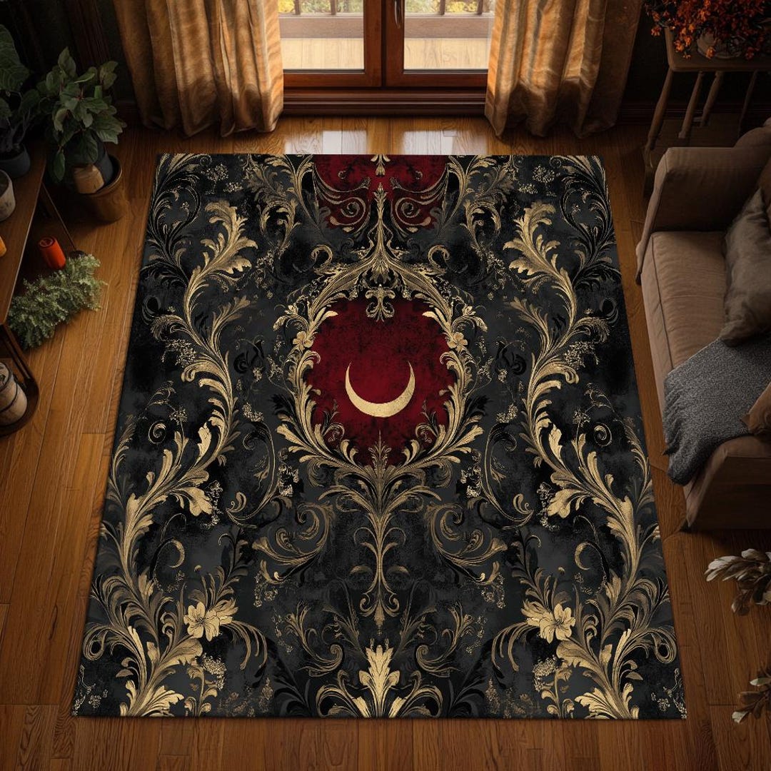 Baroque Crescent Moon Area Rug in Black and Gold, Gothic Style Living ...