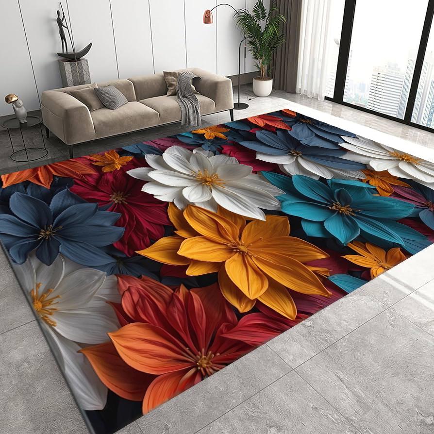 Colorful 3D Floral Area Rug With Bold Bloom Print, Modern Botanical ...