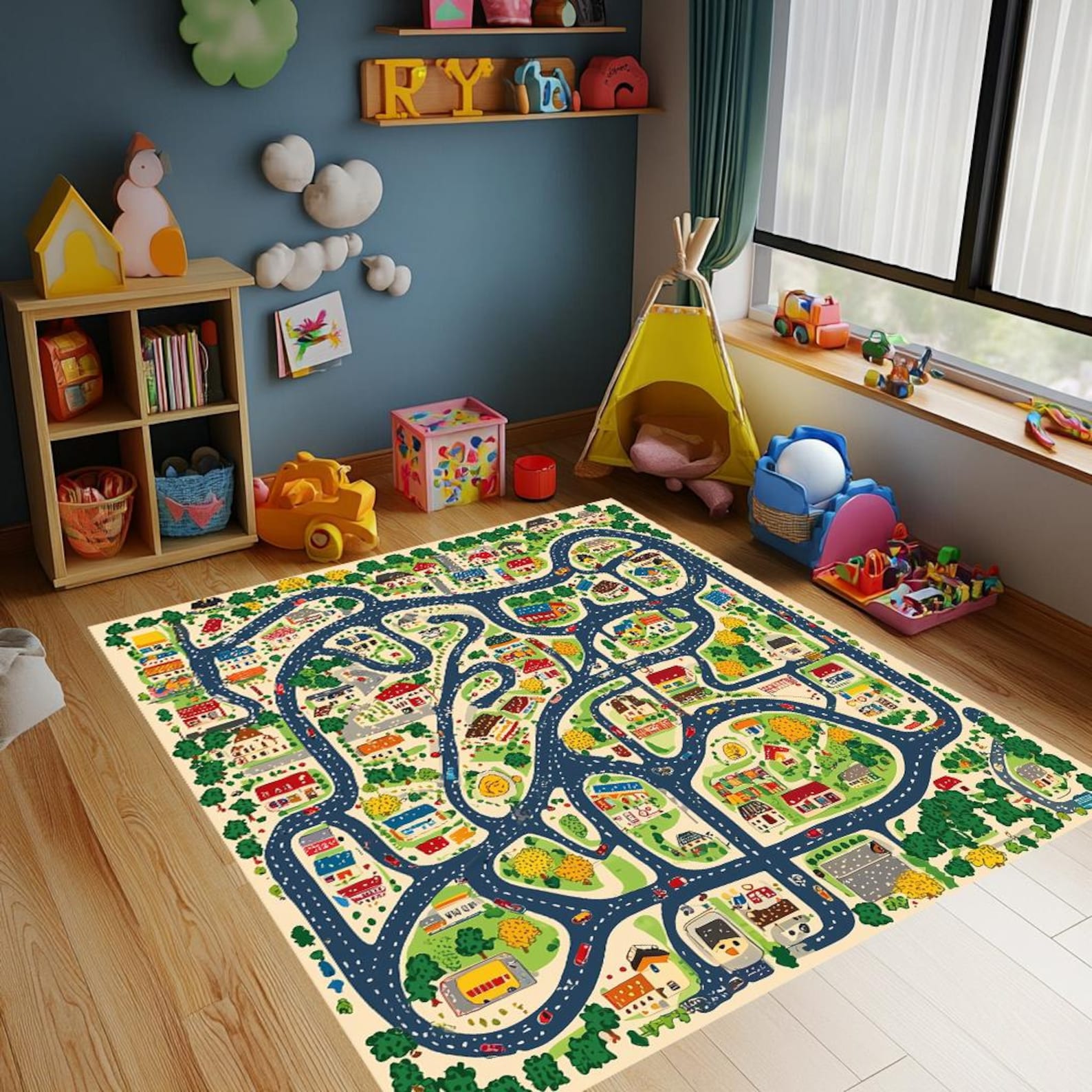 City Road Map Rug, Traffic Street Play Mat, Kids Room Rug, Interactive ...