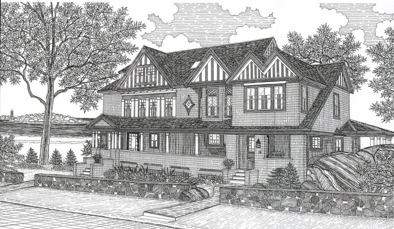 Original Pen and Ink House Portrait (15 X 20), Home Rendering, House ...
