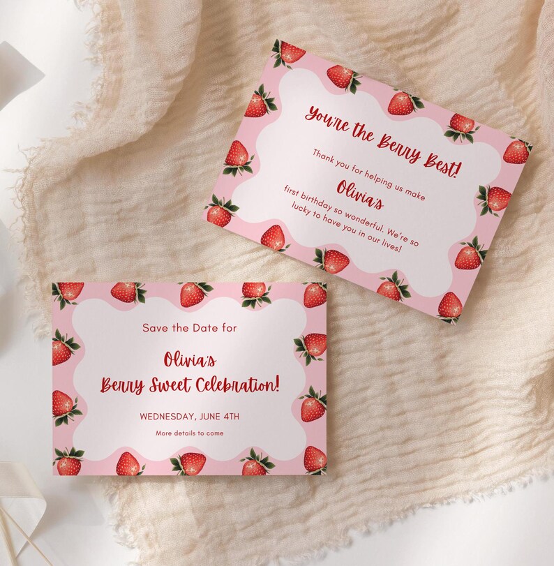 Strawberry Theme Birthday Save the Date Berry First Birthday Template ...