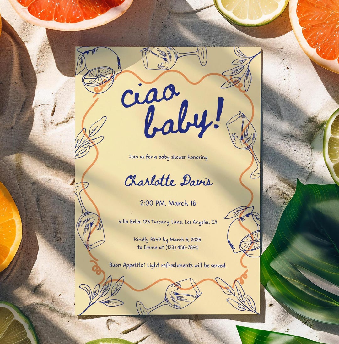 Ciao Baby Shower Invitation Hand Drawn Lemon Design Mediterranean Theme ...