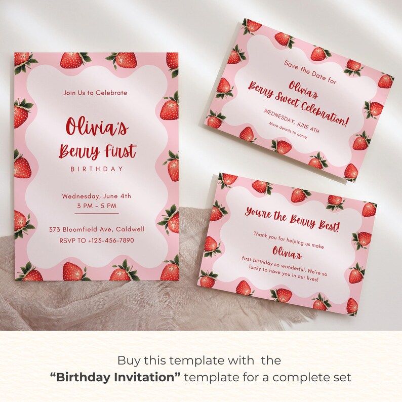 Strawberry Theme Birthday Save the Date Berry First Birthday Template ...