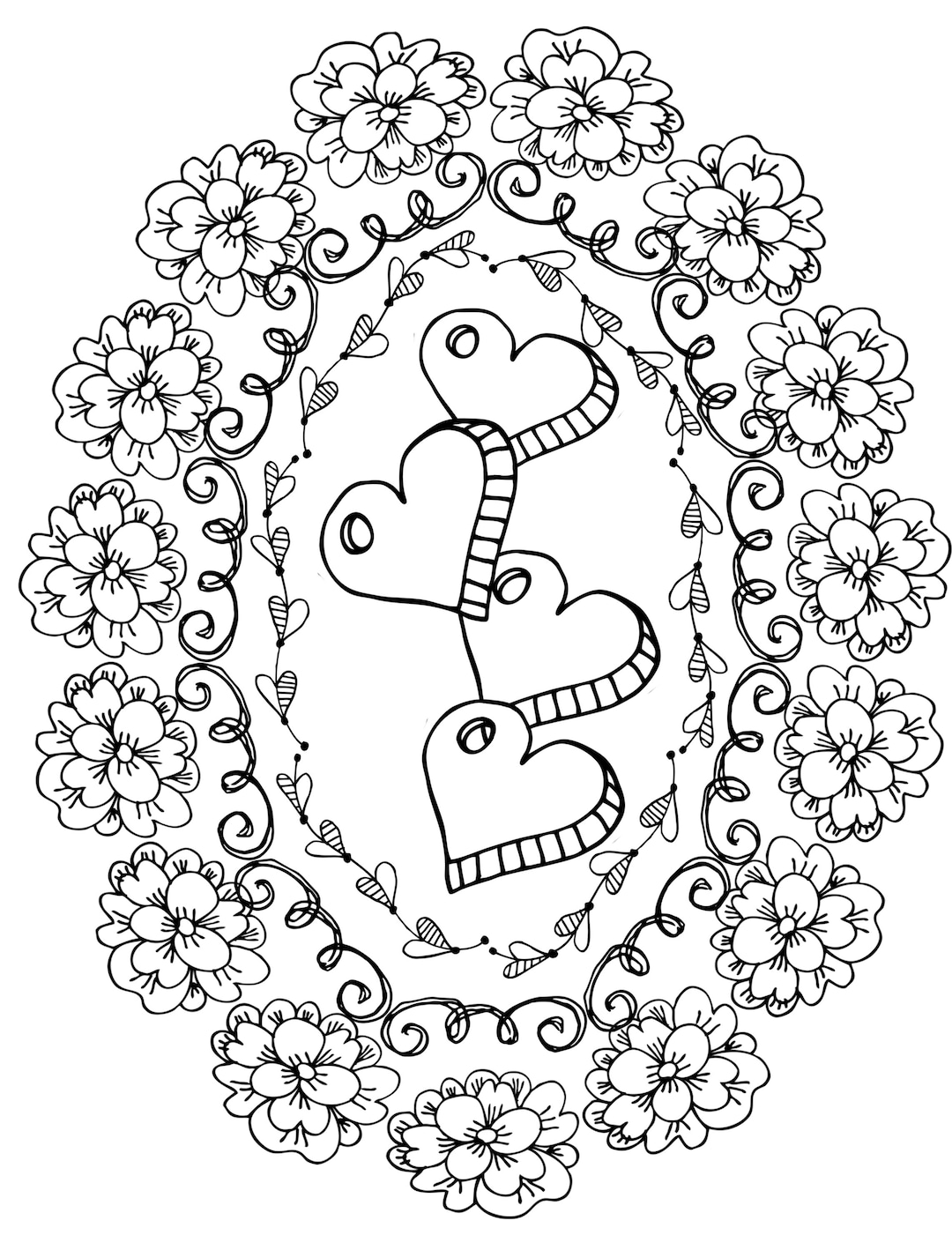 Hearts and Flowers Coloring Page for Kids and Adults - Etsy