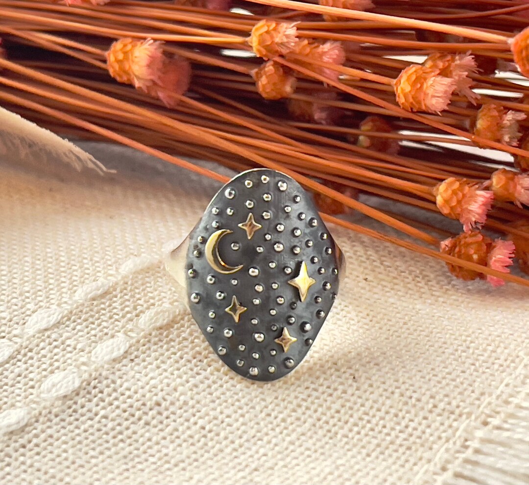 Silver Night Sky Ring With Bronze Moon and Stars Sterling - Etsy