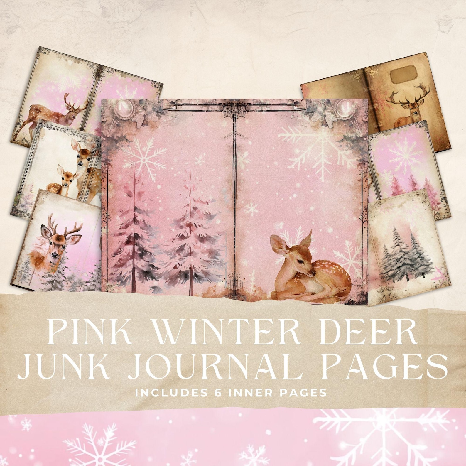 Pink Winter Deer Junk Journal Kit, Vintage Page Insert, Aged Watercolor ...