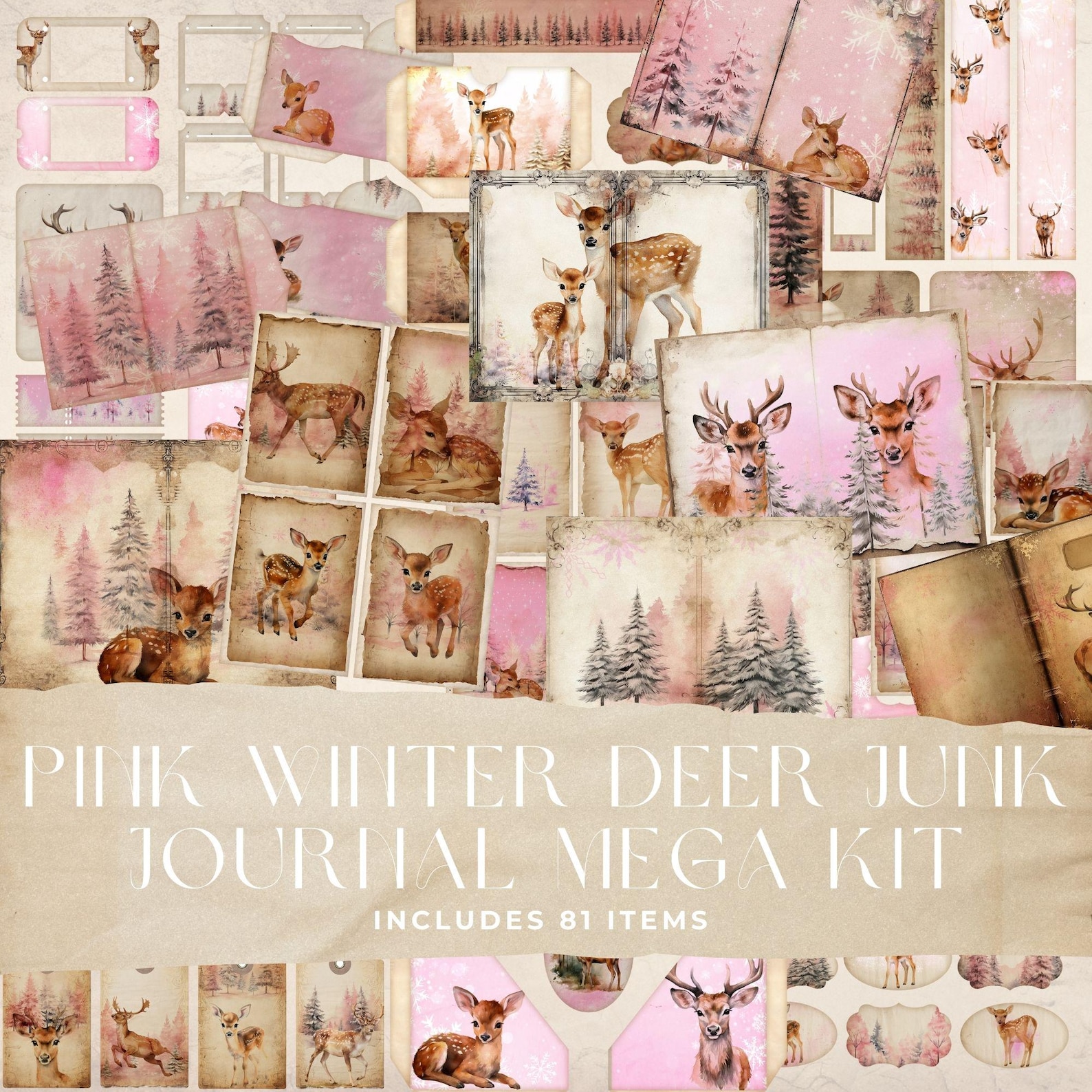 Pink Winter Deer Junk Journal Kit, Vintage Page Insert, Aged Watercolor ...