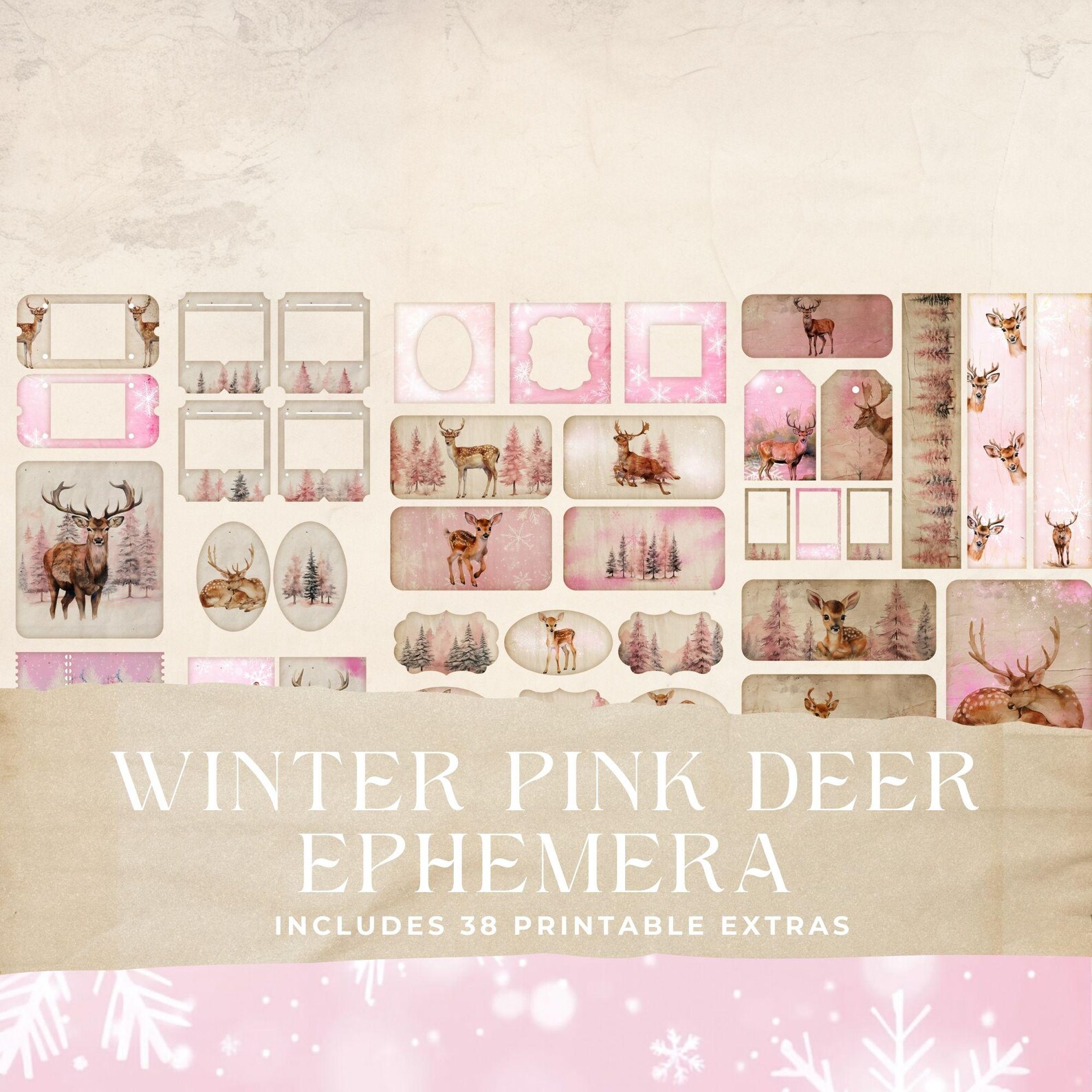 Pink Winter Deer Junk Journal Kit, Vintage Page Insert, Aged Watercolor ...