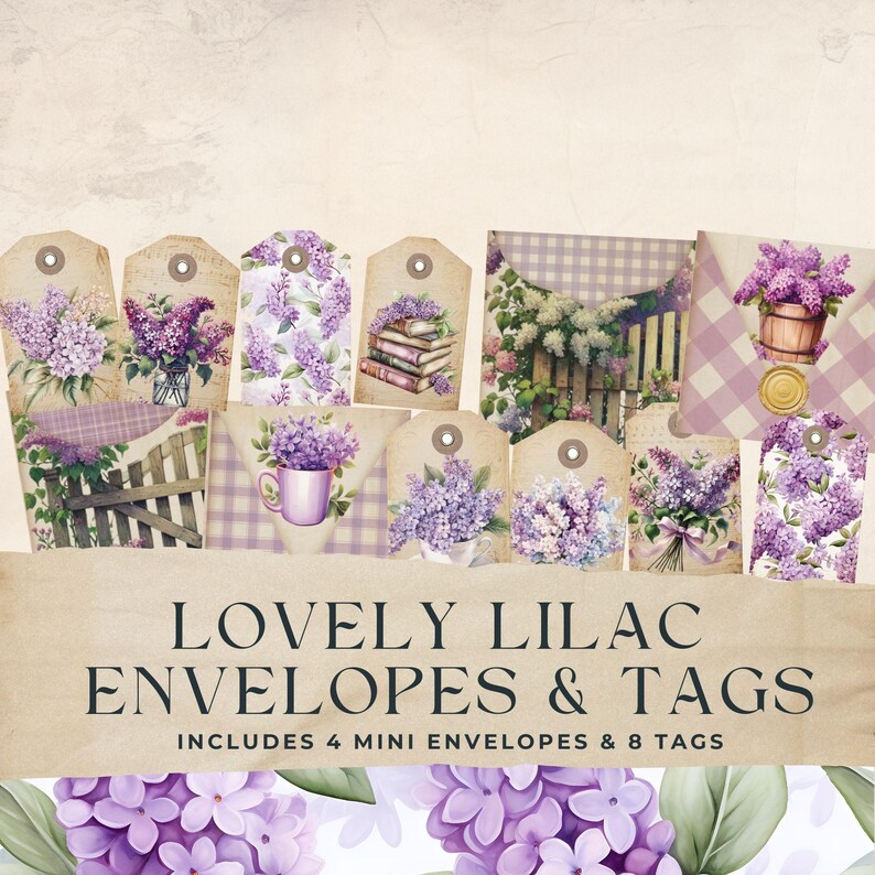 Lilac Flower Mini Envelopes & Tags: Spring Junk Journal Ephemera ...